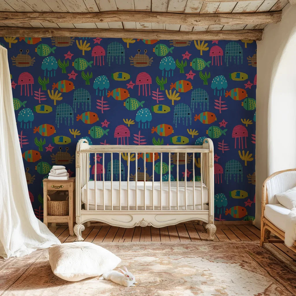 Ocean Squiggle Wallpaper - Colorful Cutout Sea Life Pattern - Applied ...